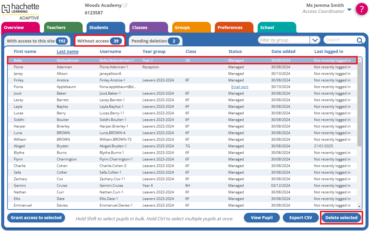 Deleting learners in Adaptive – Hachette Learning Help Centre