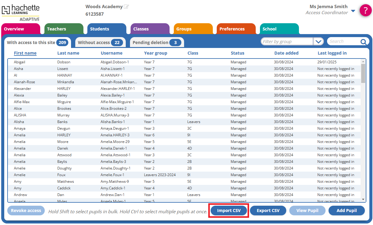 Adding learners in bulk via CSV upload in Adaptive – Hachette Learning Help Centre