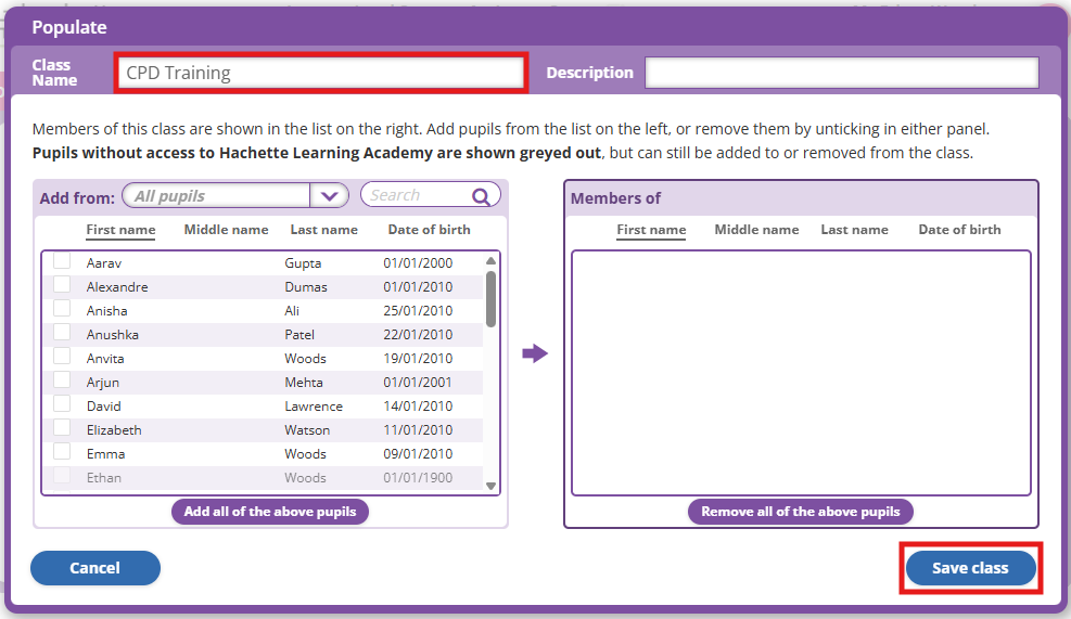 Creating classes in Academy – Hachette Learning Help Centre